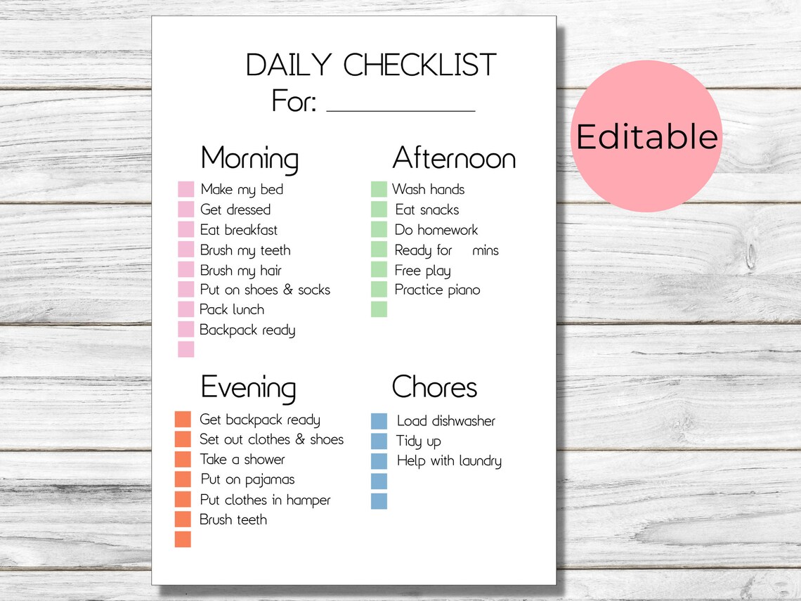 Chore Chart for Kids,daily Checklist Editable, Daily Routine Printable ...