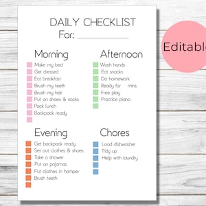 Chore Chart for Kids,daily Checklist Editable, Daily Routine Printable ...