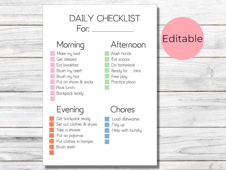 Chore Chart for Kids,daily Checklist Editable, Daily Routine Printable ...