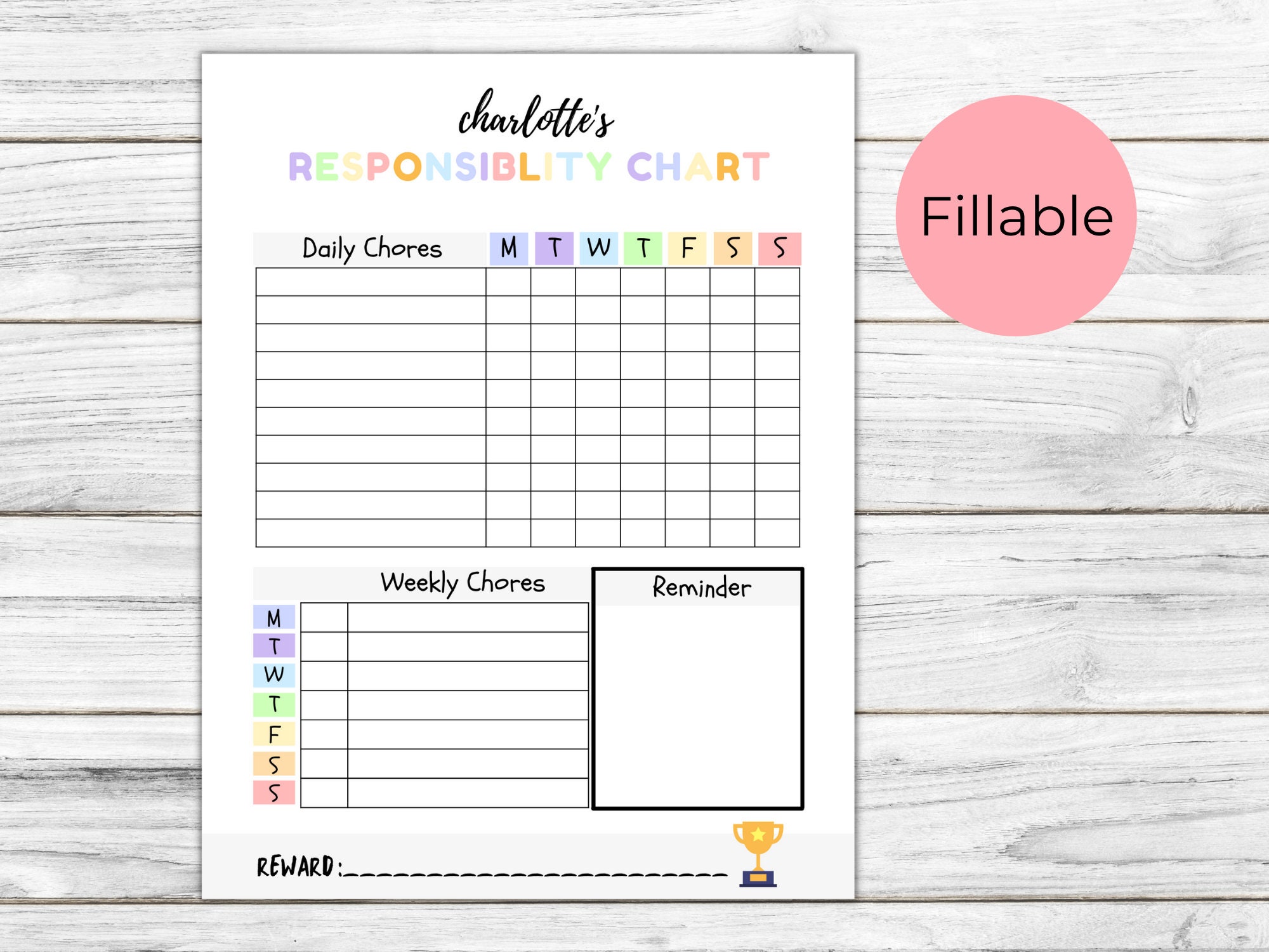 Chore Chart for Kids, Daily Weekly Routine, Printable Responsibility ...