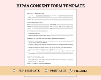 Editable HIPAA Consent Form Template, Printable HIPAA Compliance Patient Consent Form, Medical ...