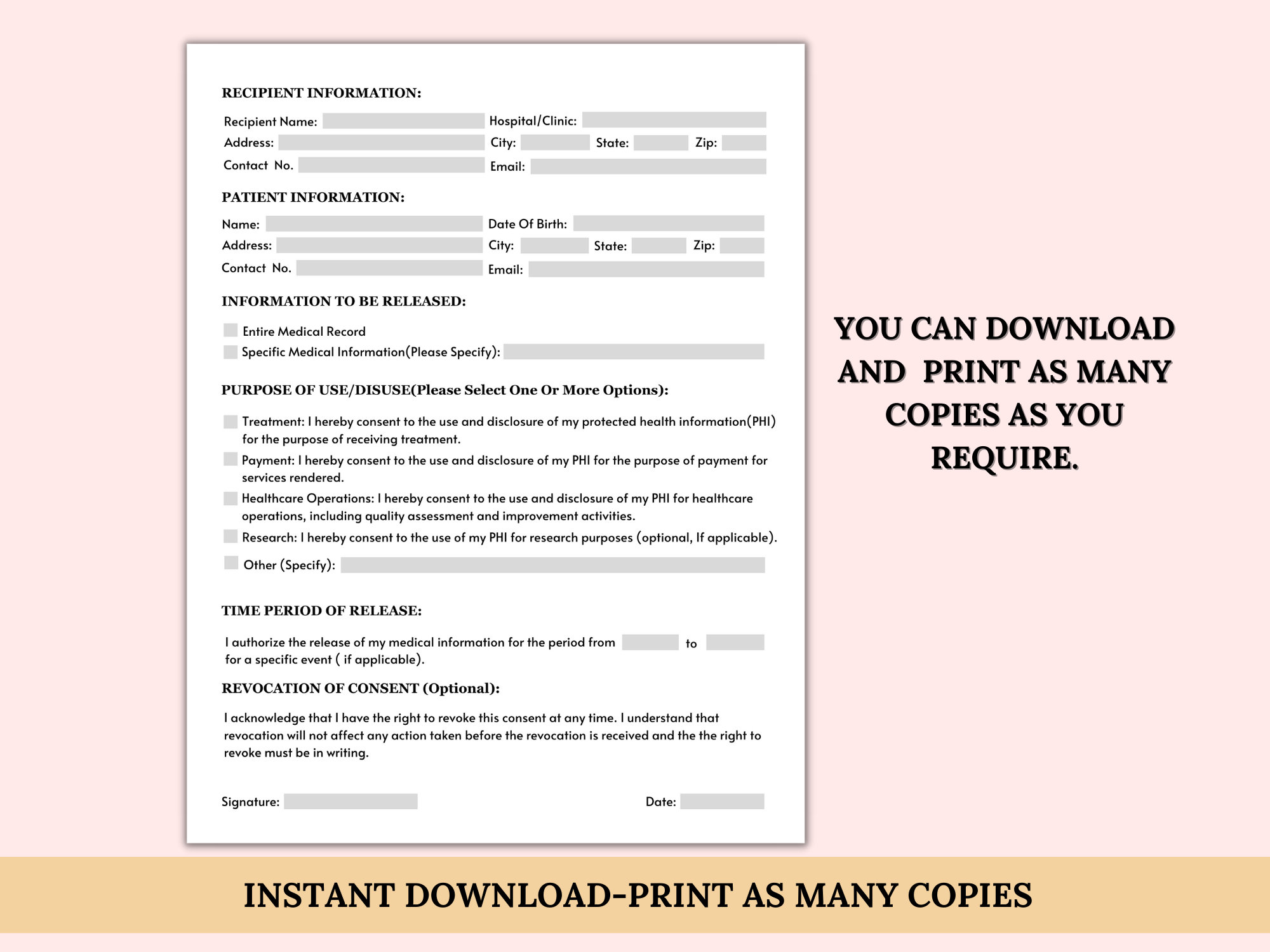 Printable Medical Release Form: HIPAA Consent Template (digital ...