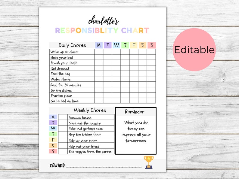 Chore Chart for Kids, Daily Weekly Routine, Printable Responsibility ...
