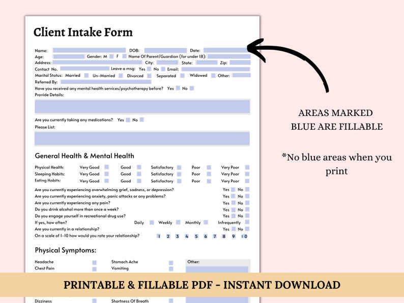 Therapy Client Intake Form Template: Fillable Counseling Paperwork (PDF ...