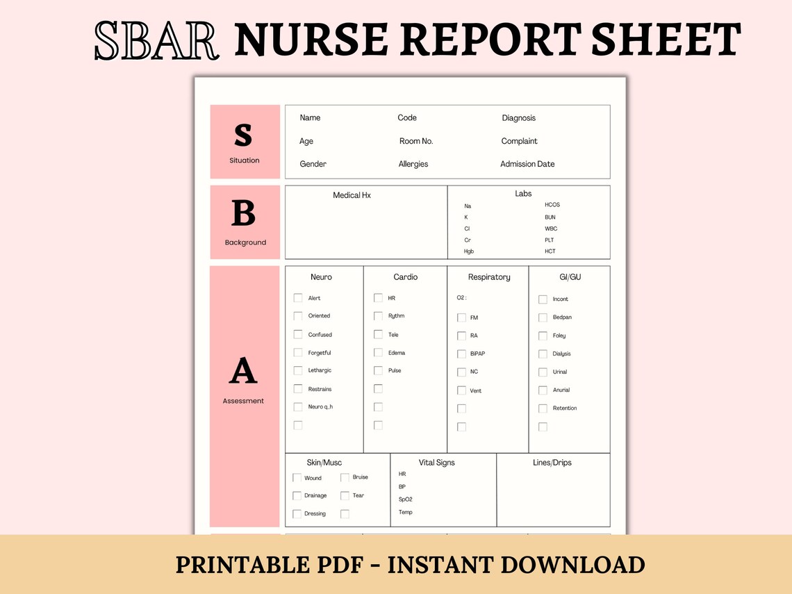 Nurse Report Sheet SBAR Nurse Sheet Hand off Nurse Brain - Etsy