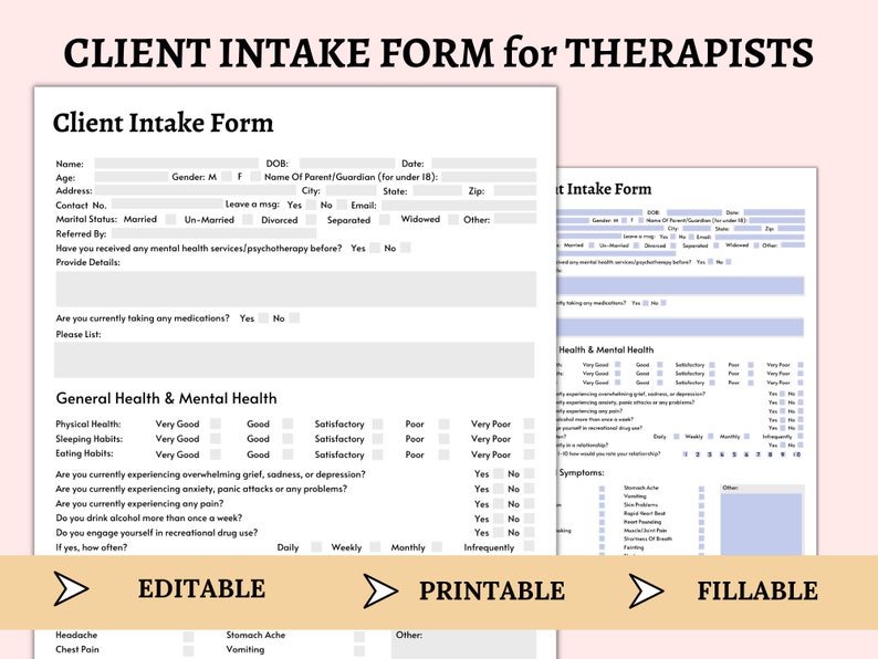 Therapy Client Intake Form Template: Fillable Counseling Paperwork (PDF ...