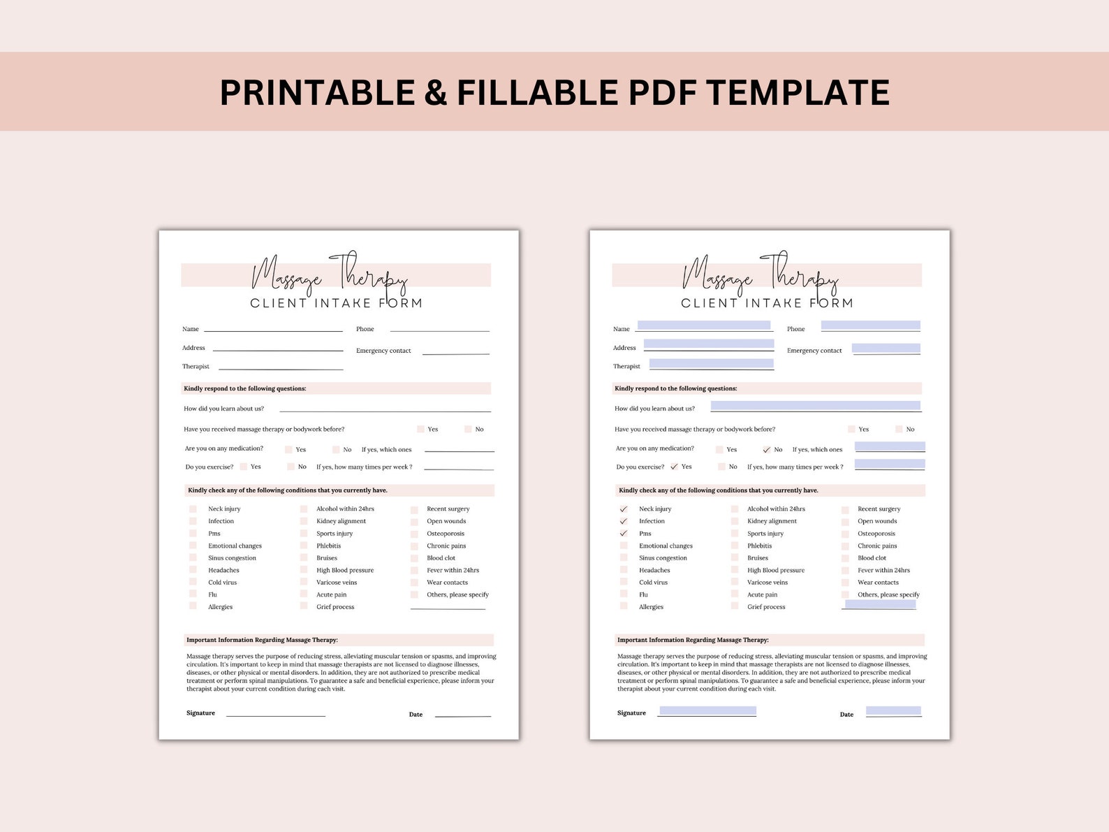 Massage Therapy Client Intake Form Template, Massage Consent, Massage ...