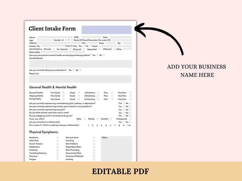 Therapy Client Intake Form Template: Fillable Counseling Paperwork (PDF ...
