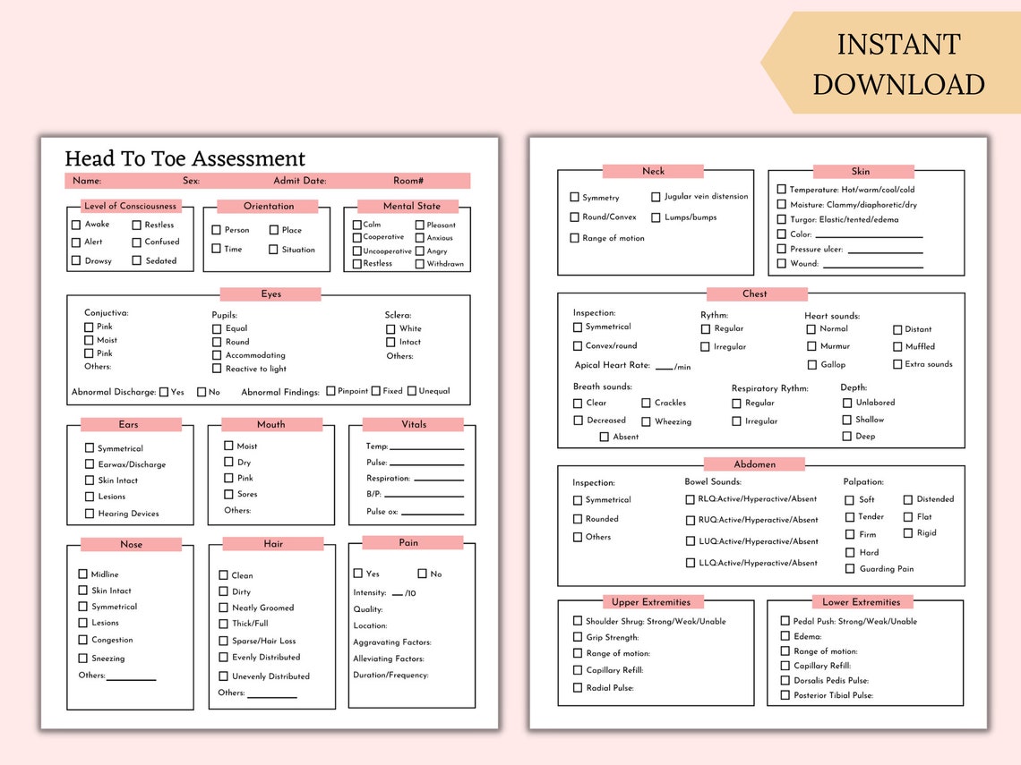 Head to Toe Assessment Template Nursing Checklist | Nursing Student ...