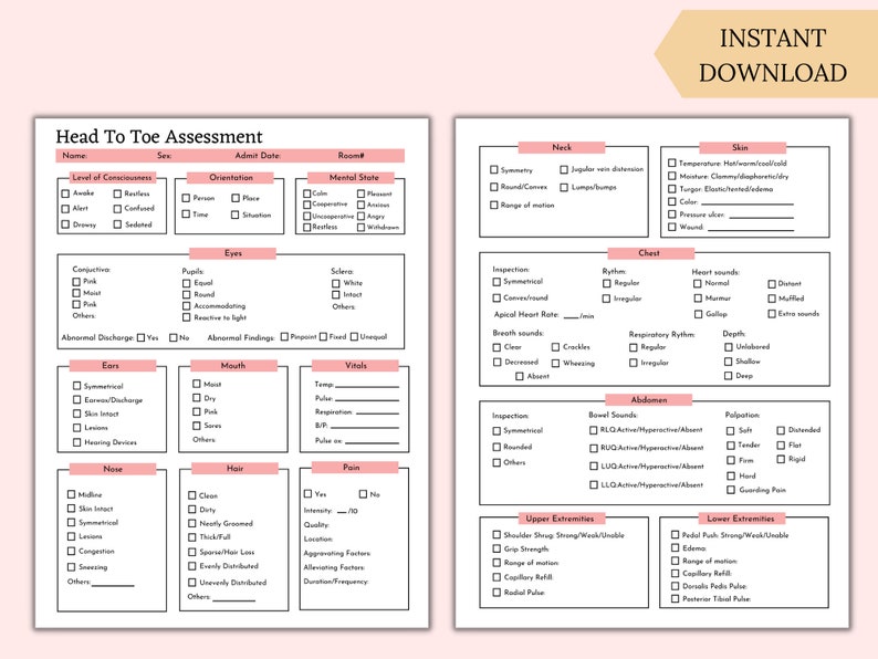 Head to Toe Assessment Template Nursing Checklist | Nursing Student ...