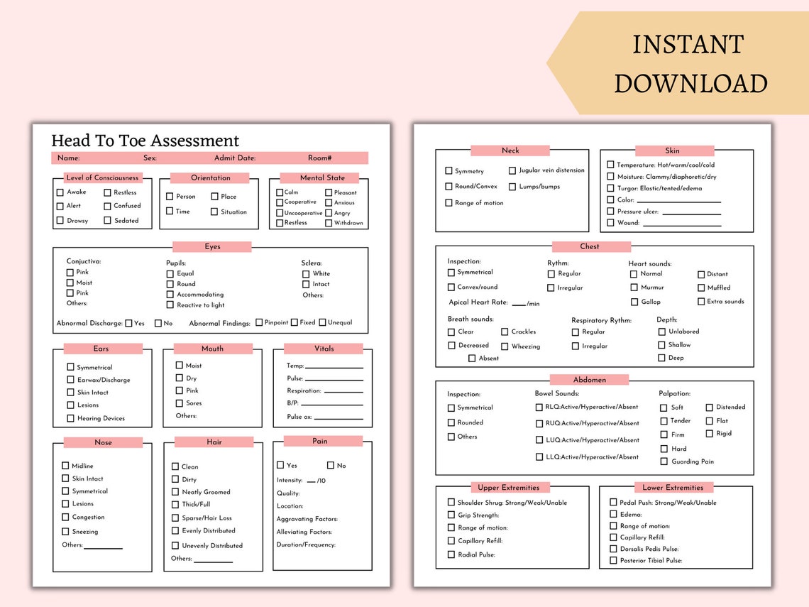 Head to Toe Assessment Template Nursing Checklist Bundle| Nursing ...