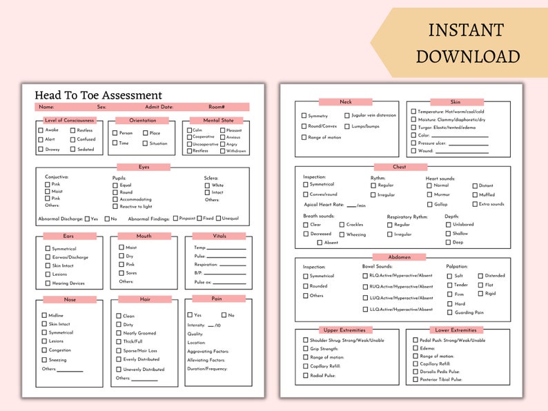 Head to Toe Assessment Template Nursing Checklist Bundle| Nursing ...