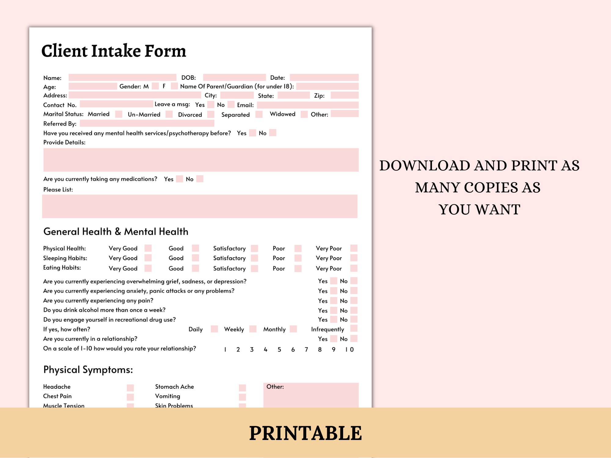 Therapy Client Intake Form Template: Fillable & Printable Counseling ...