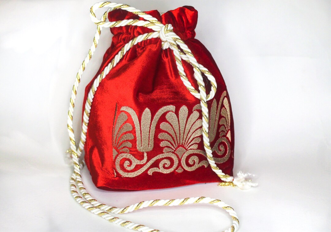 Red Velvet Embroidered Bag, Velvet Drawstring Bag, Red Bucket Bag ...