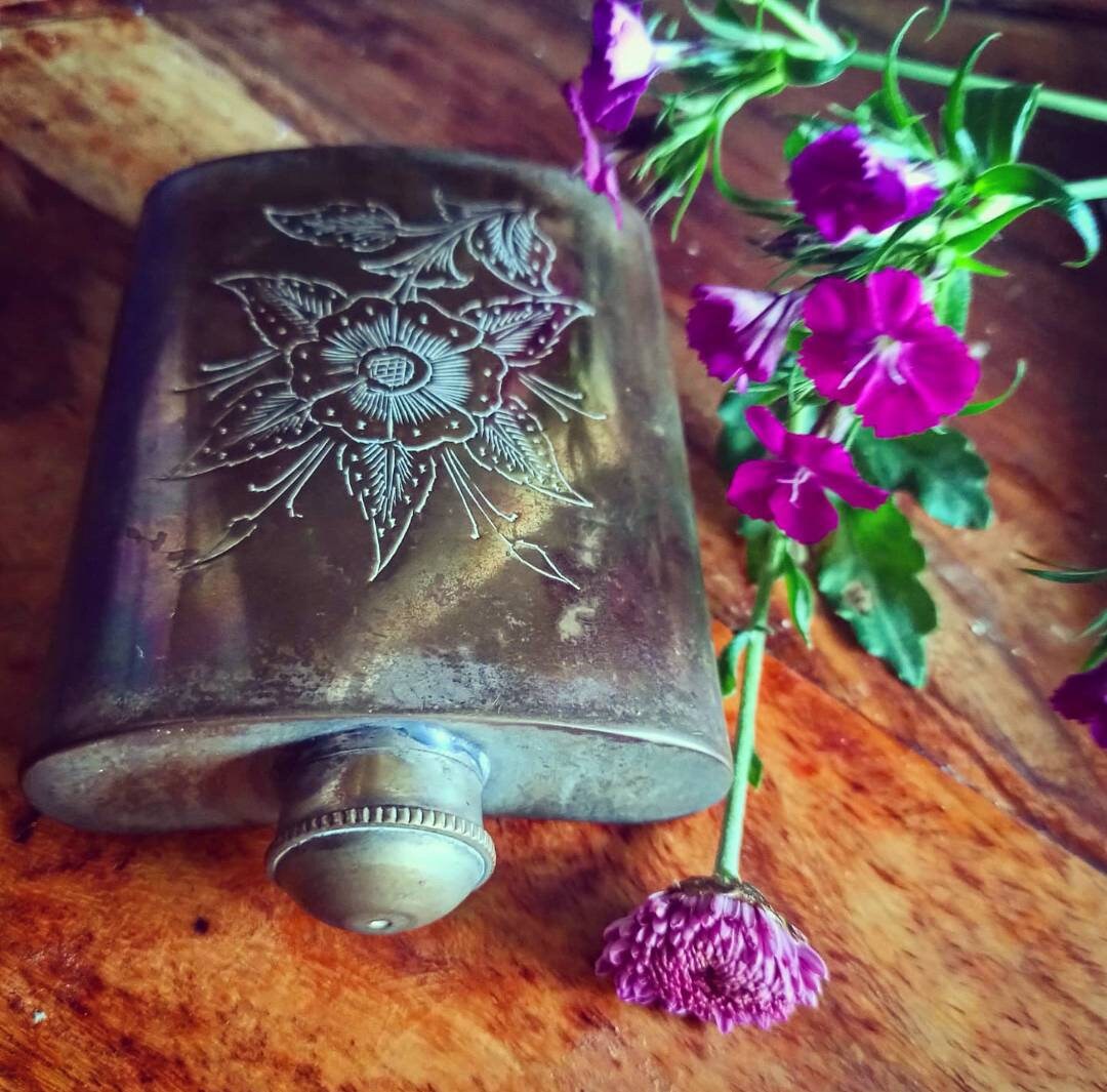 Antique. Antique Brass Flask for Liqueur With Hand-engraved Flower on ...
