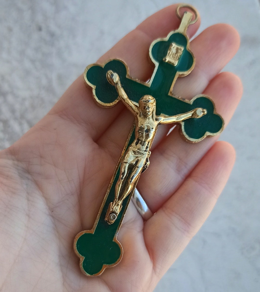 Cross Crucifix With Jesus in Gilded Heavy Metal and Green Enamel - Etsy