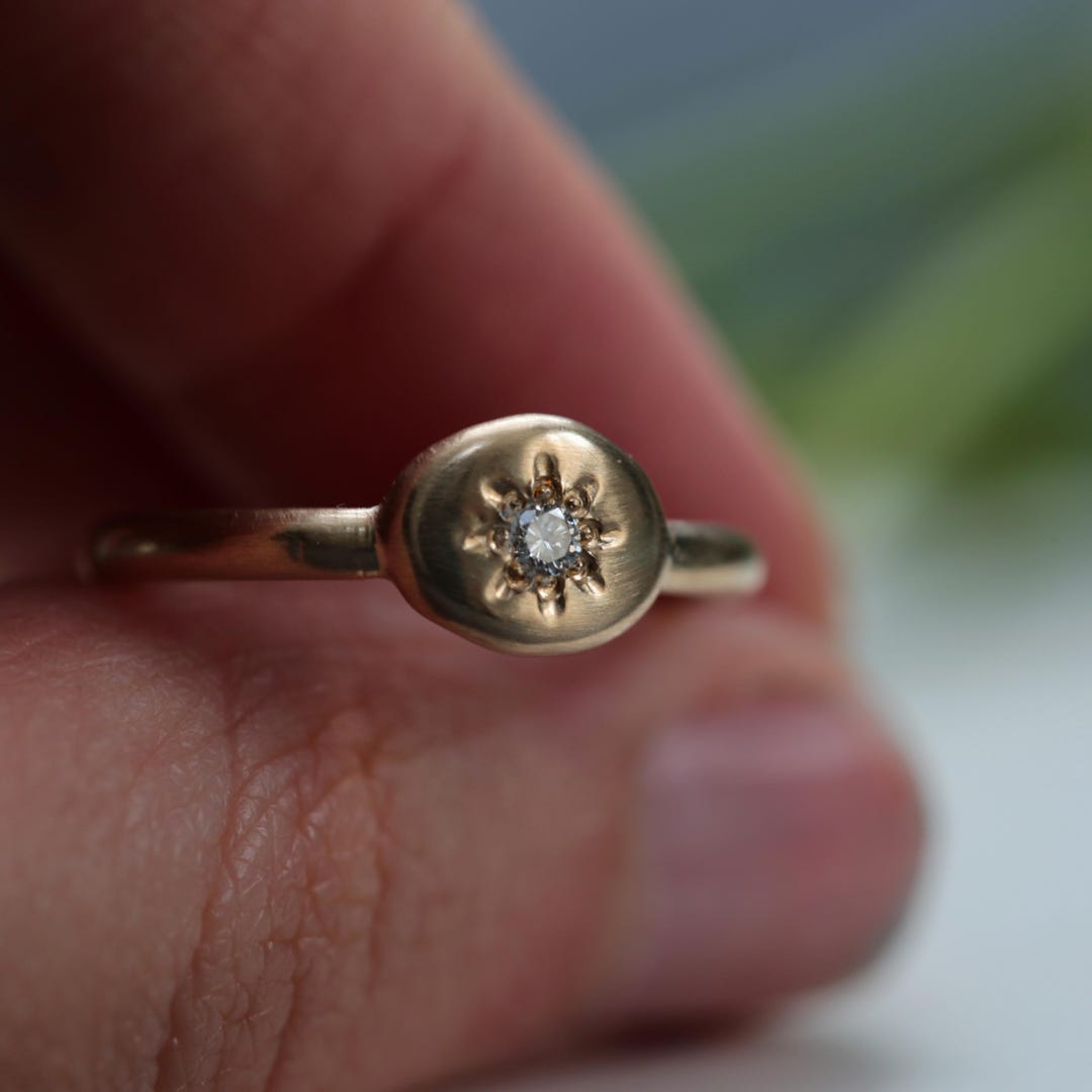 Wildflower Signet Ring - Flower Set White Diamond Oval Pebble Signet ...