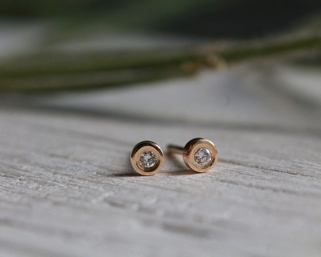 Buy White Diamond Solid Gold Studs - TINY SINGLE or PAIRS 3mm Solid Gold Round Disc Earrings ...