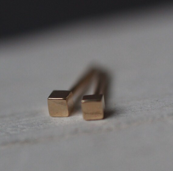 Solid Gold Cube Studs Tiny 2mm Gold Geometric Square Stud | Etsy