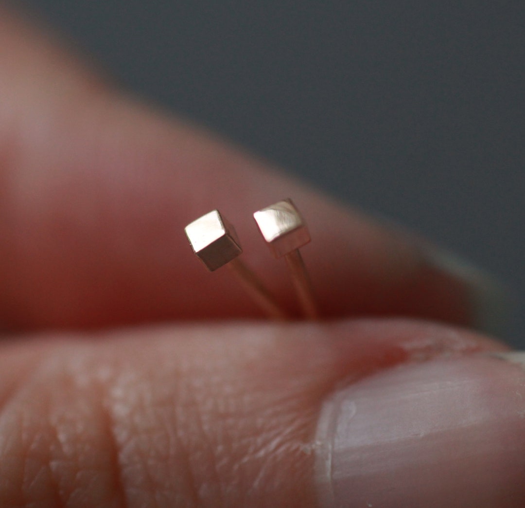 Solid Gold Cube Studs - Tiny 2mm Gold Geometric Square Stud Earrings in ...