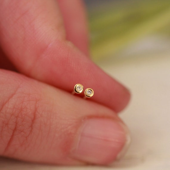 White Diamond Solid Gold Studs TINY 2mm Solid Gold Round Disc Earrings With Natural White Diamonds 9ct or 18ct Yellow Rose or White Gold Etsy