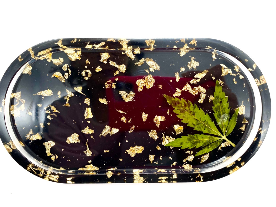 Handmade resin cannabis leaf tray clear resin with gold leaf | Etsy