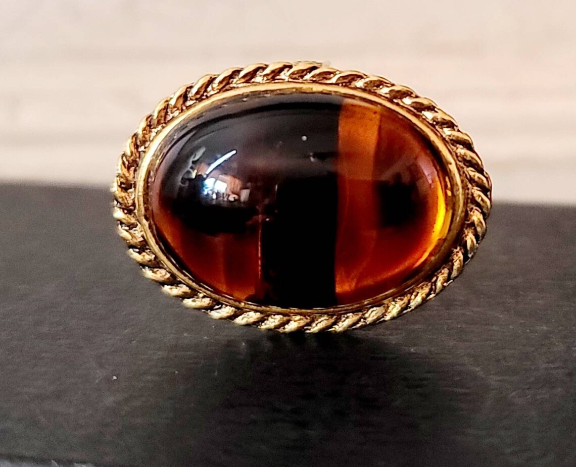 Retro Boho Tortoise Shell Agate Glass Adjustibe Ring Gold Tone ...