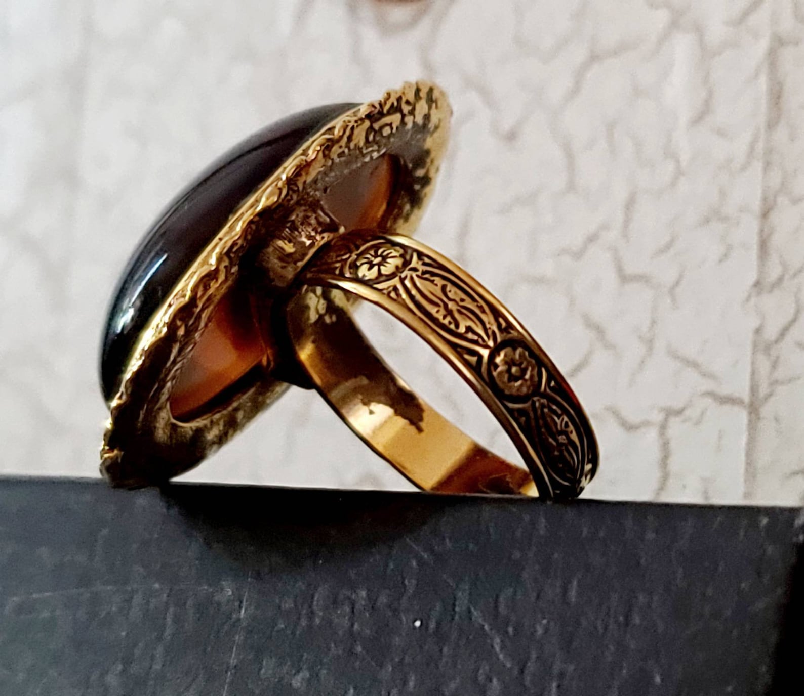 Retro Boho Tortoise Shell Agate Glass Adjustibe Ring Gold Tone - Etsy