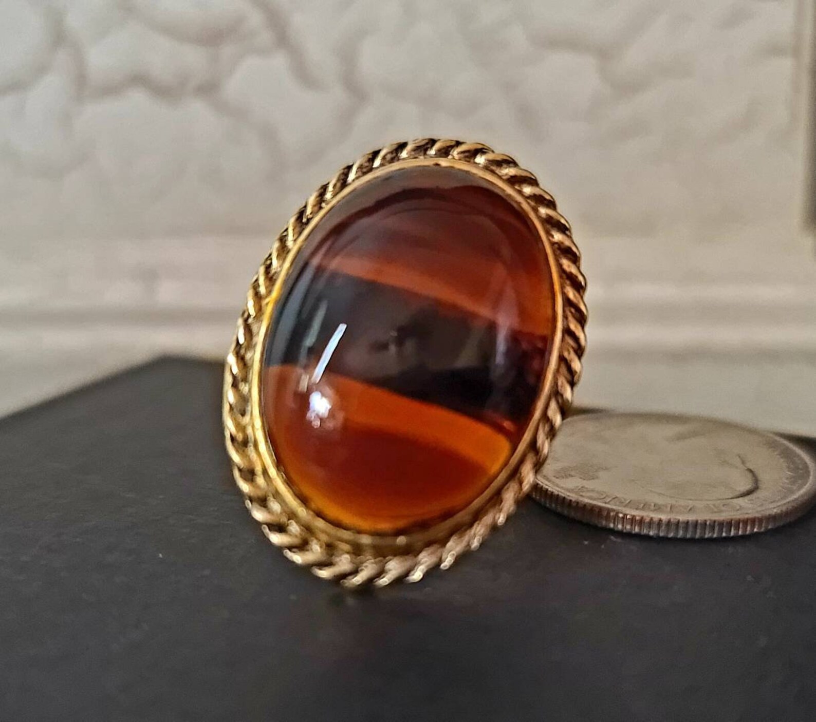 Retro Boho Tortoise Shell Agate Glass Adjustibe Ring Gold Tone ...
