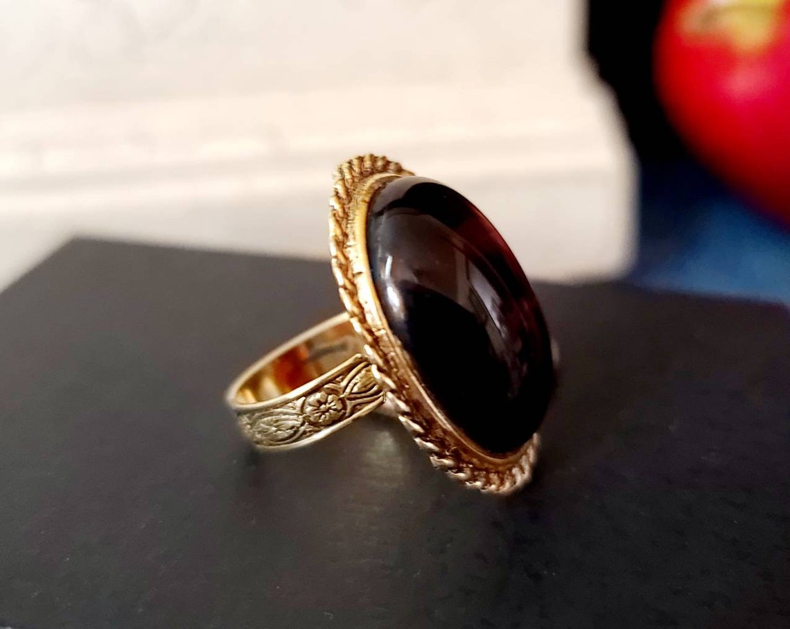 Retro Boho Tortoise Shell Agate Glass Adjustibe Ring Gold Tone ...