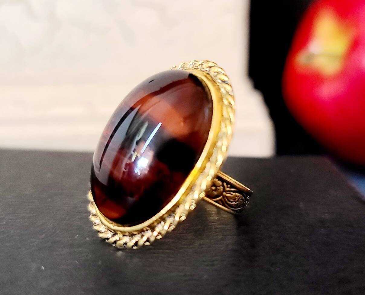 Retro Boho Tortoise Shell Agate Glass Adjustibe Ring Gold Tone ...