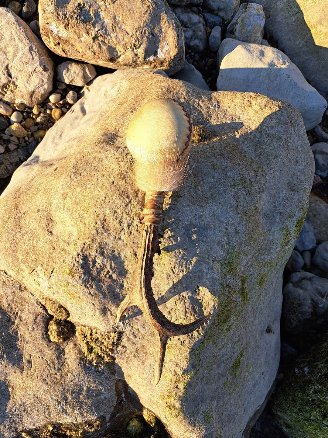 Handcrafted Shamanic Rattle on Roe Deer Horn Decorated With Badger Fur ...