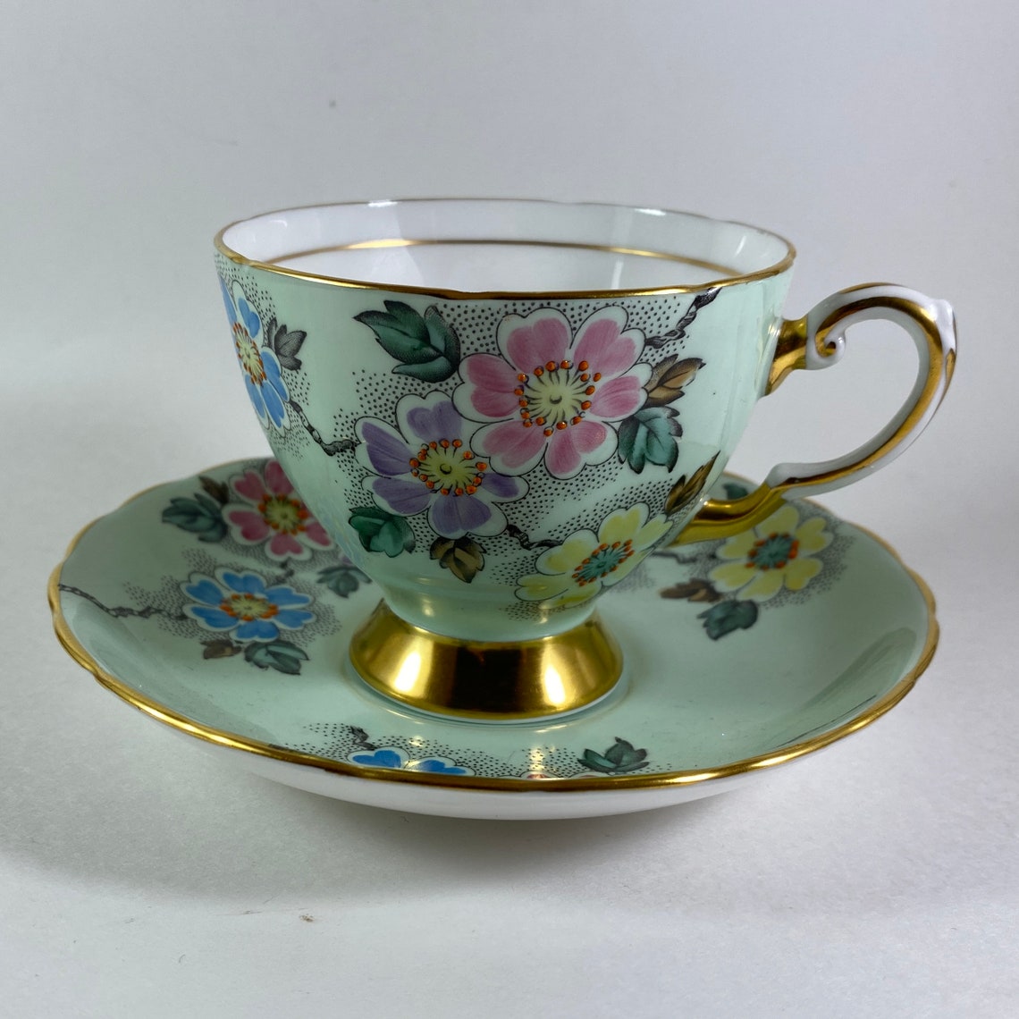 Vintage Tuscan Tea Cup, Mint Green Floral, Hand Painted - Etsy