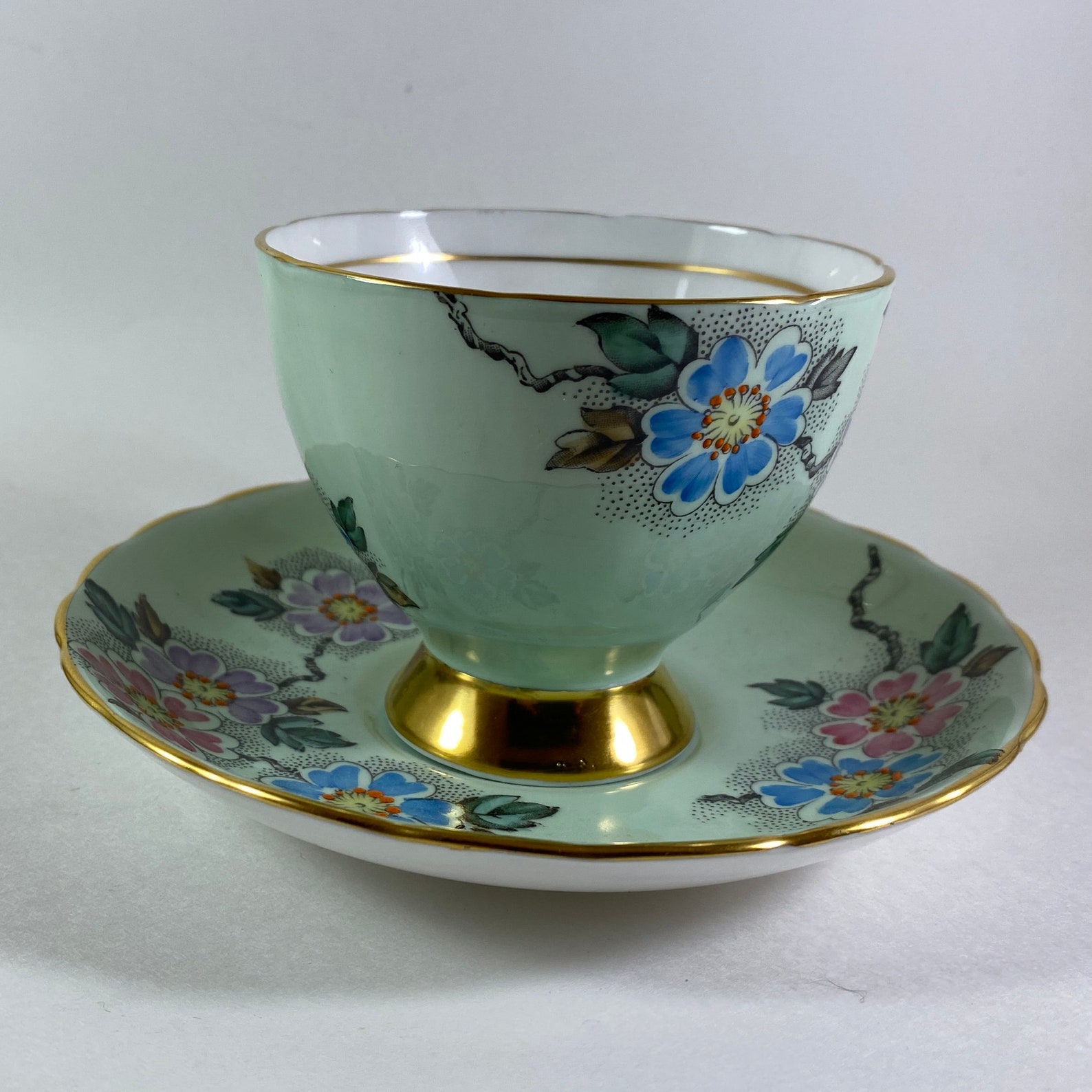 Vintage Tuscan Tea Cup, Mint Green Floral, Hand Painted - Etsy