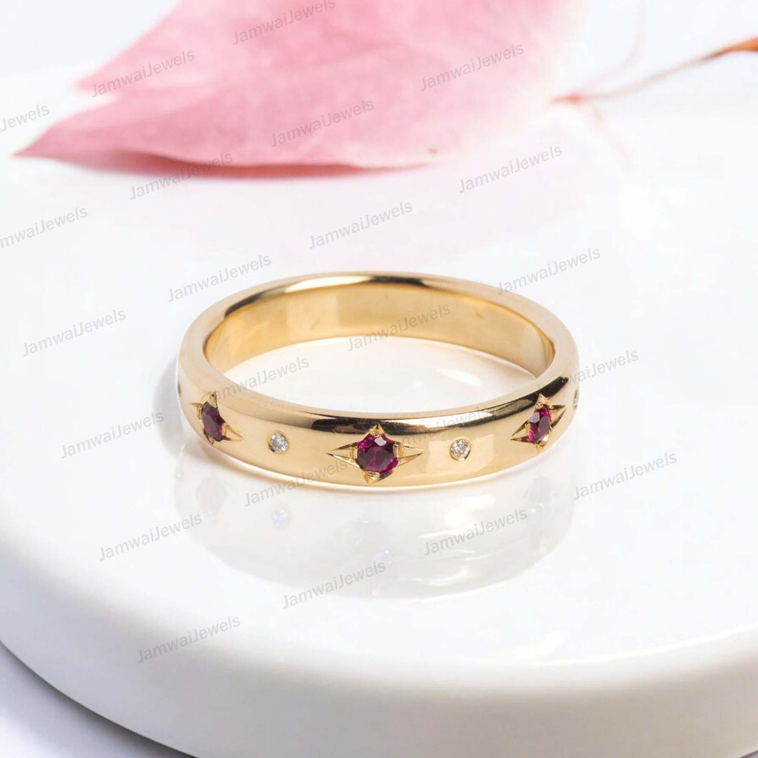 14k Solid Gold Ruby Wedding Band Thick Band Ring for Women Pave Ruby Stackable Ring Dainty Real ...