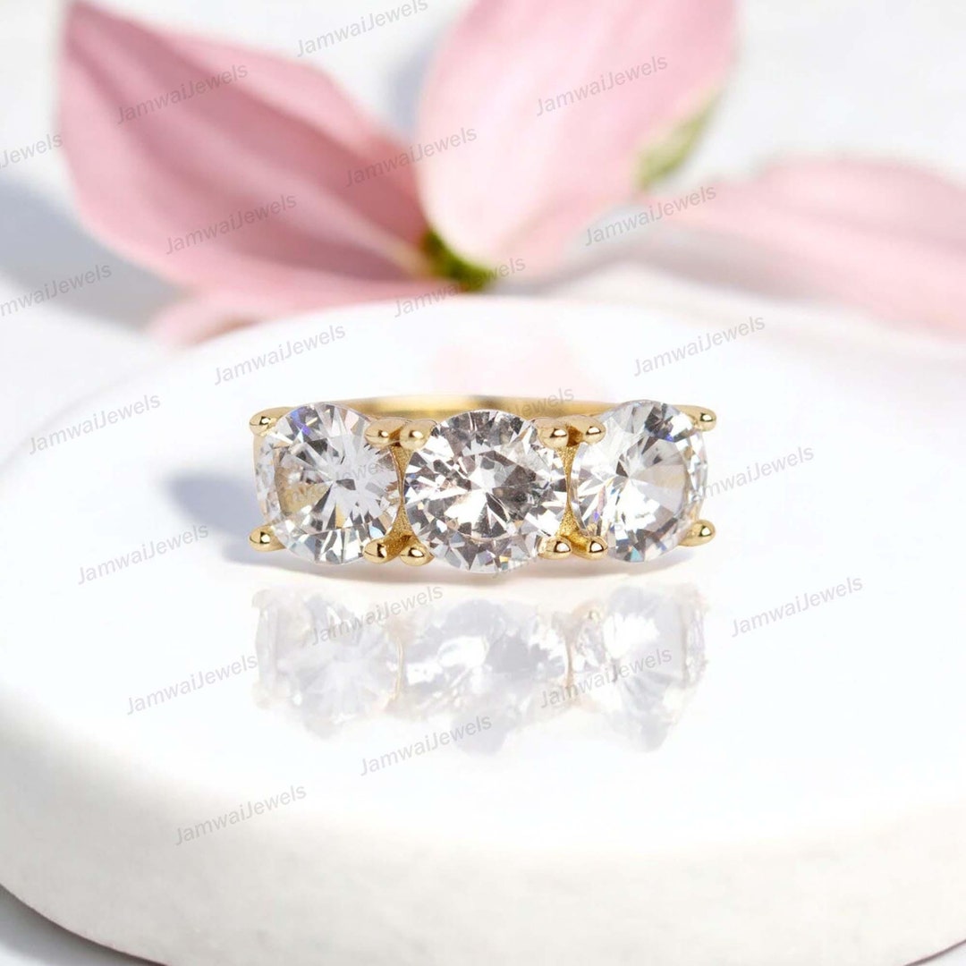 Round Cut Cubic Zirconia Engagement Ring Trilogy Ring Triple Stone Ring ...