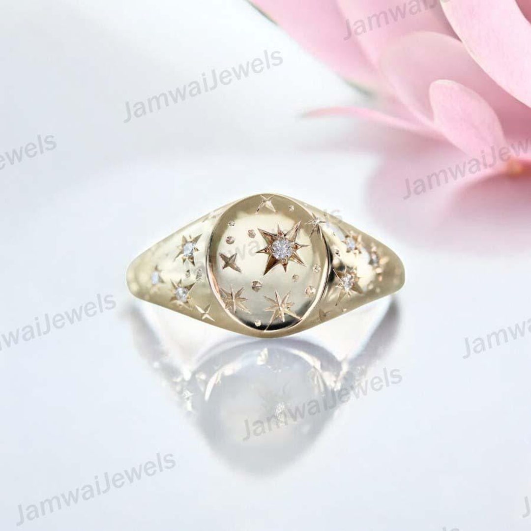 Diamond Celestial Signet Ring, 14k Solid Gold Star & Moon Dome Ring ...
