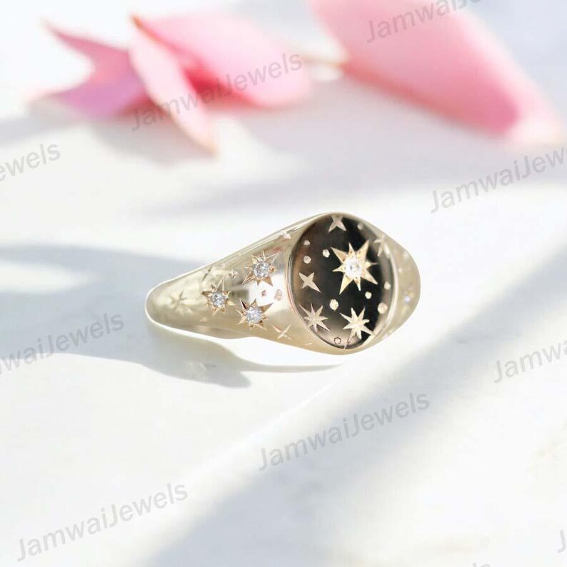 Diamond Celestial Signet Ring, 14k Solid Gold Star & Moon Dome Ring ...