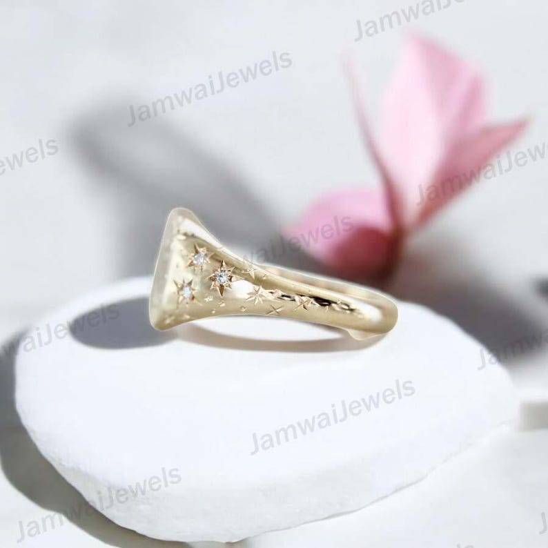 Diamond Celestial Signet Ring, 14k Solid Gold Star & Moon Dome Ring ...