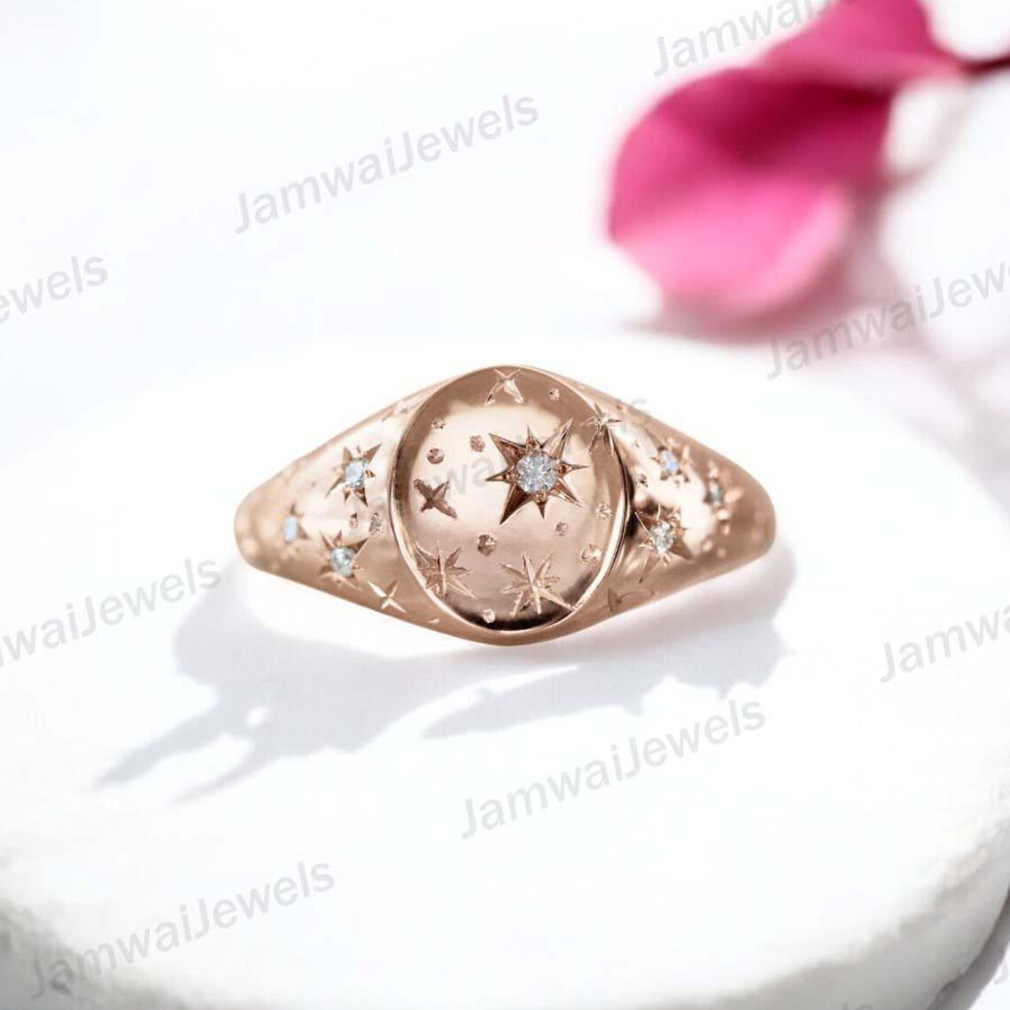 Diamond Celestial Signet Ring, 14k Solid Gold Star & Moon Dome Ring ...