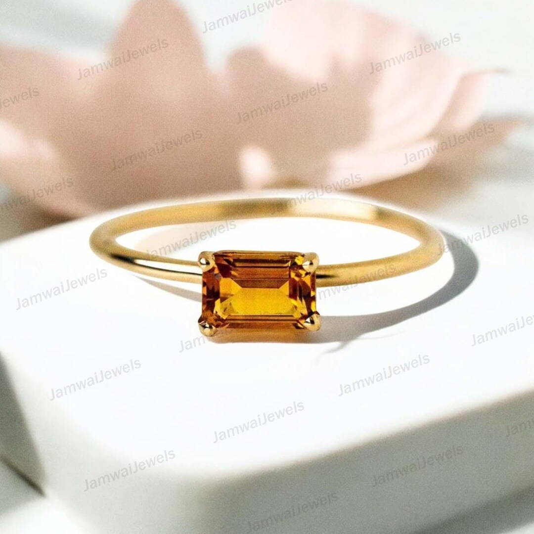 14k Solid Gold Citrine Ring, Engagement Ring, Baguette Gemstone, Dainty ...