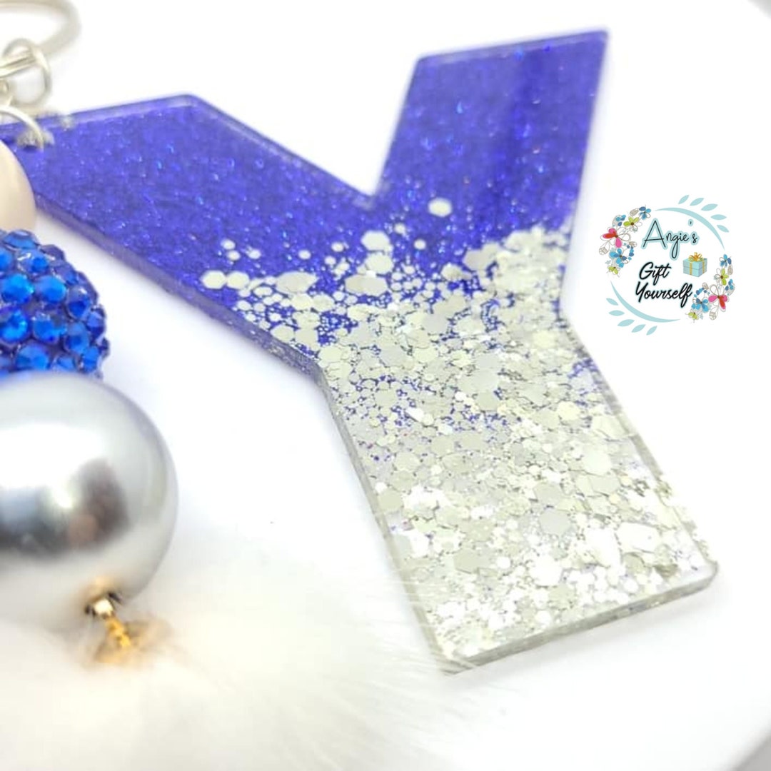 Initial Y Keychain: Glitter Resin Letter With Bubblegum Beads - Etsy
