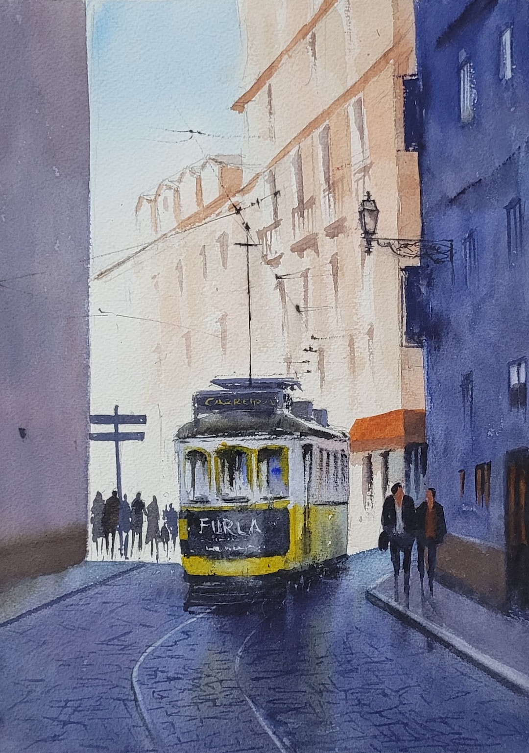 Original Watercolor Lisbon Painting, Portugal, Lisbon Tram, Cityscape ...
