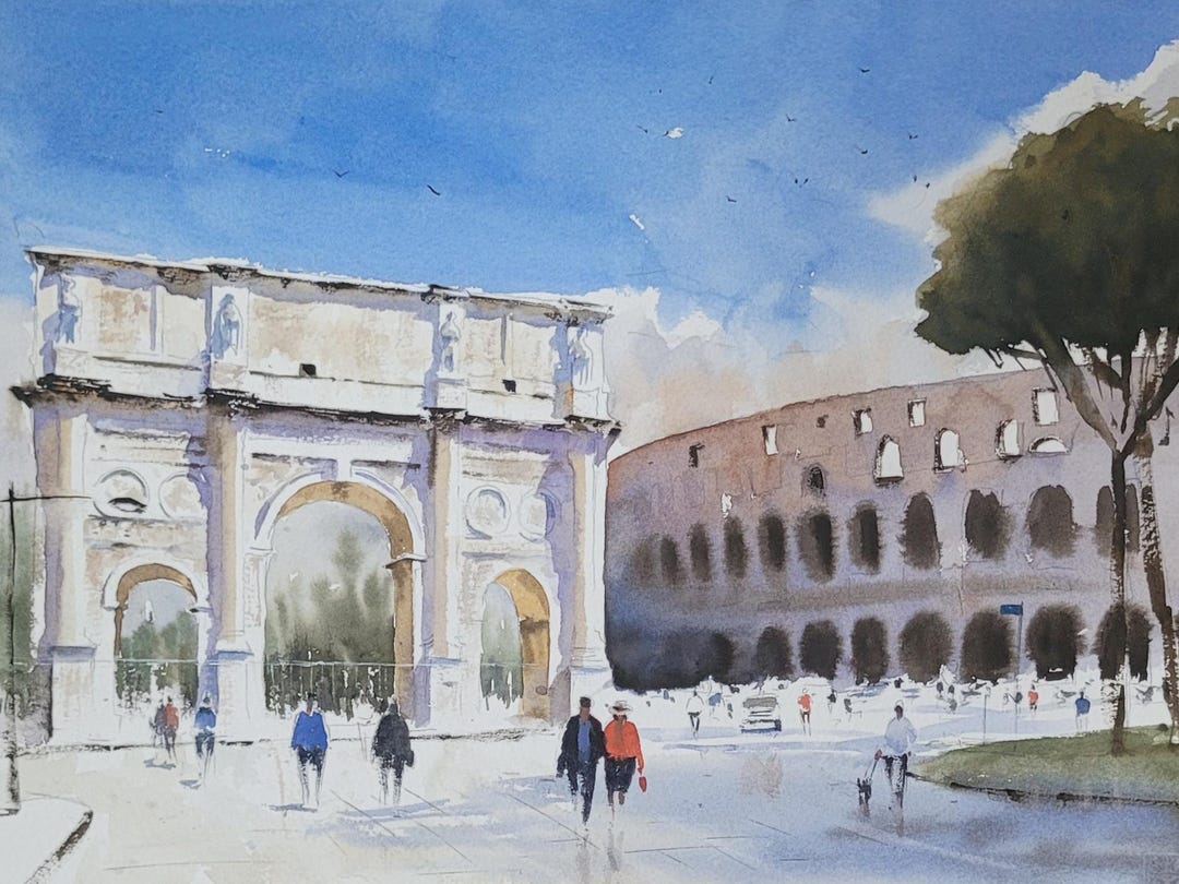 Rome Italy Original Watercolor Painting Arch of Constantine Colosseum ...