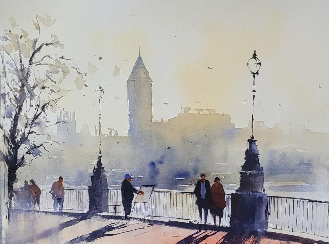 London, Original Watercolor Painting, Misty Big Ben View, Watercolor ...