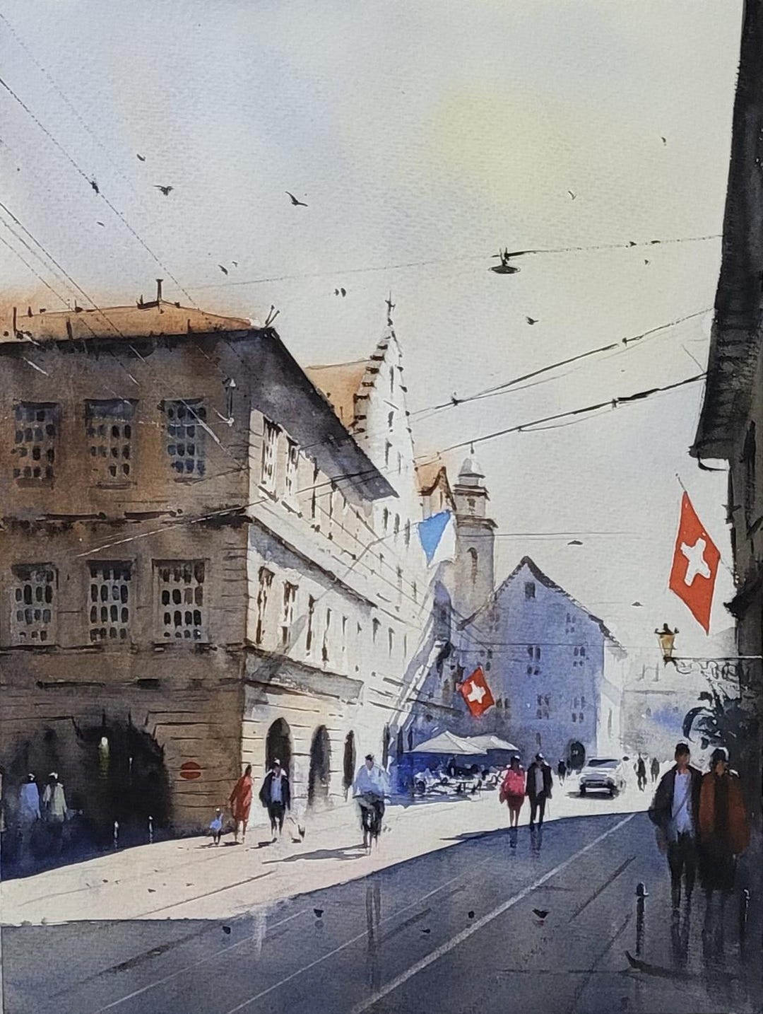 Watercolor Zurich, Original Painting, Switzerland Cities, Sunny Street ...