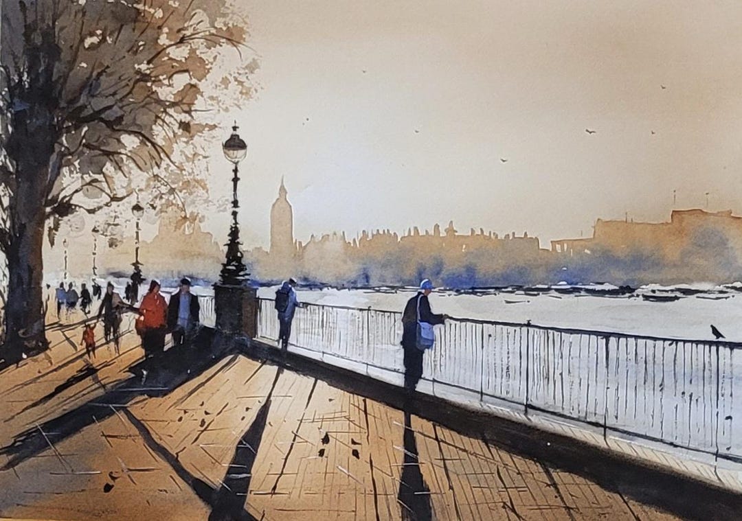 London Original Watercolor Painting: British Cityscapes Thames River ...