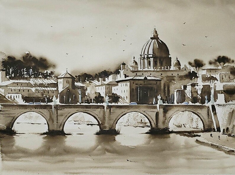 Rome Italy Original Watercolor Painting Sepia Color St Angelo Bridge ...