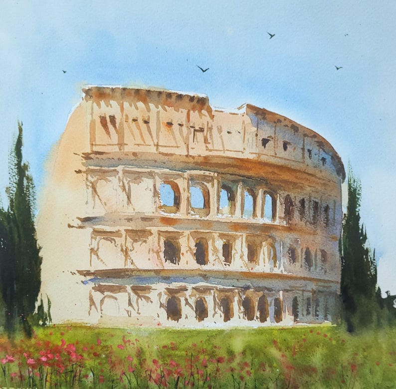 Colosseum Rome, Original Watercolor Painting, Italy Cityscapes, Old ...