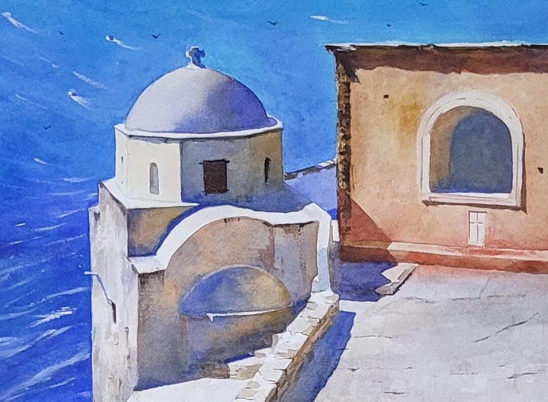 Watercolor Santorini, Original Watercolor Painting, Greece Seascapes ...